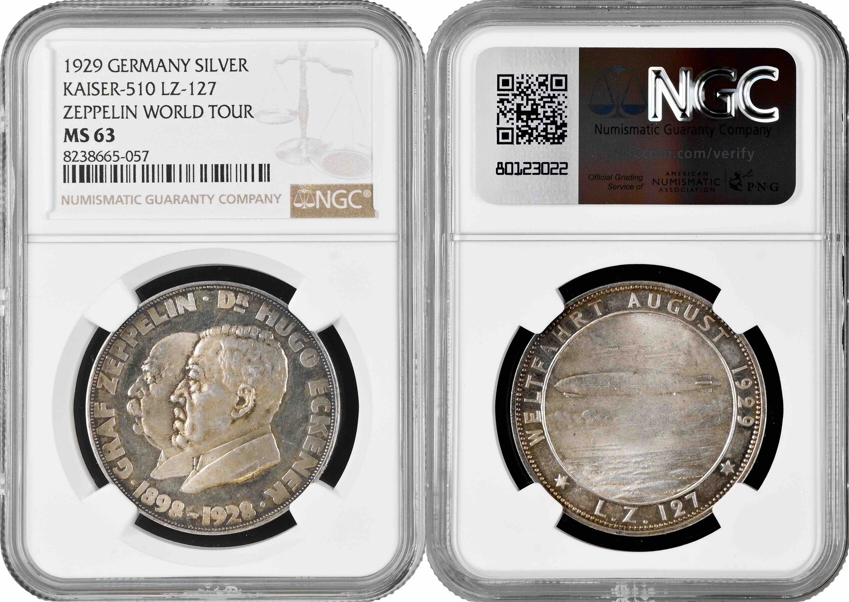 Weimar Republic silver medal 1929, NGC MS63, Zeppelin World Tour KAISER ...