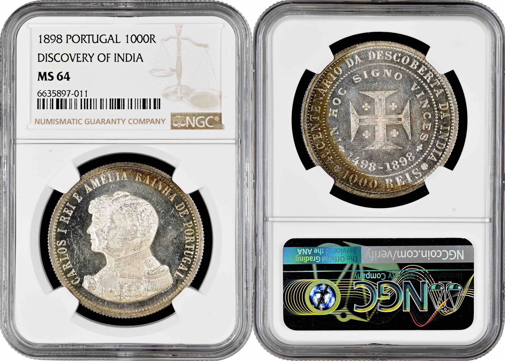 Portugal 1000 reis 1898, NGC MS64, 400th Anniversary - Discovery of India Portugal 1898, NGC ...