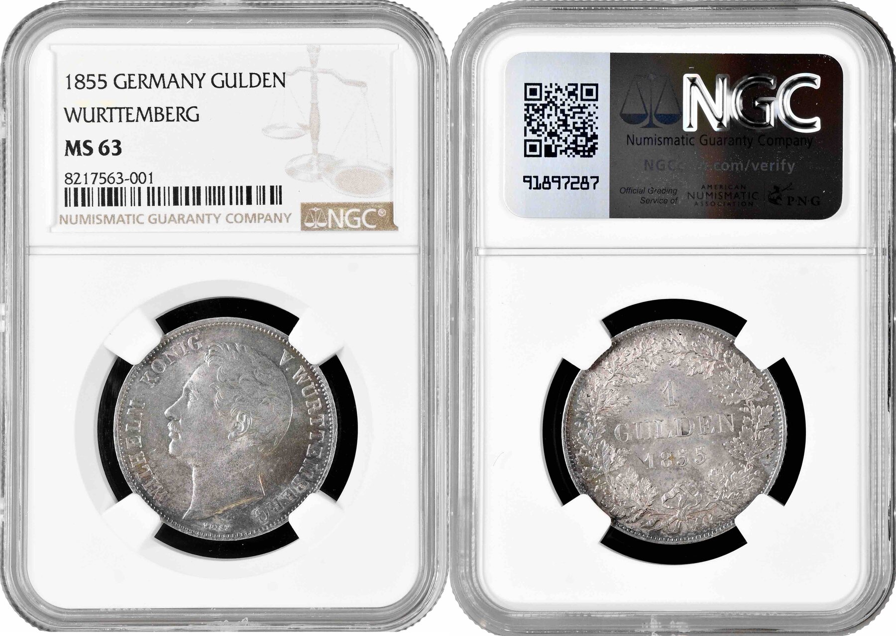 Wurttemberg 1 gulden 1855, NGC MS63, King William I (1816 - 1864 ...