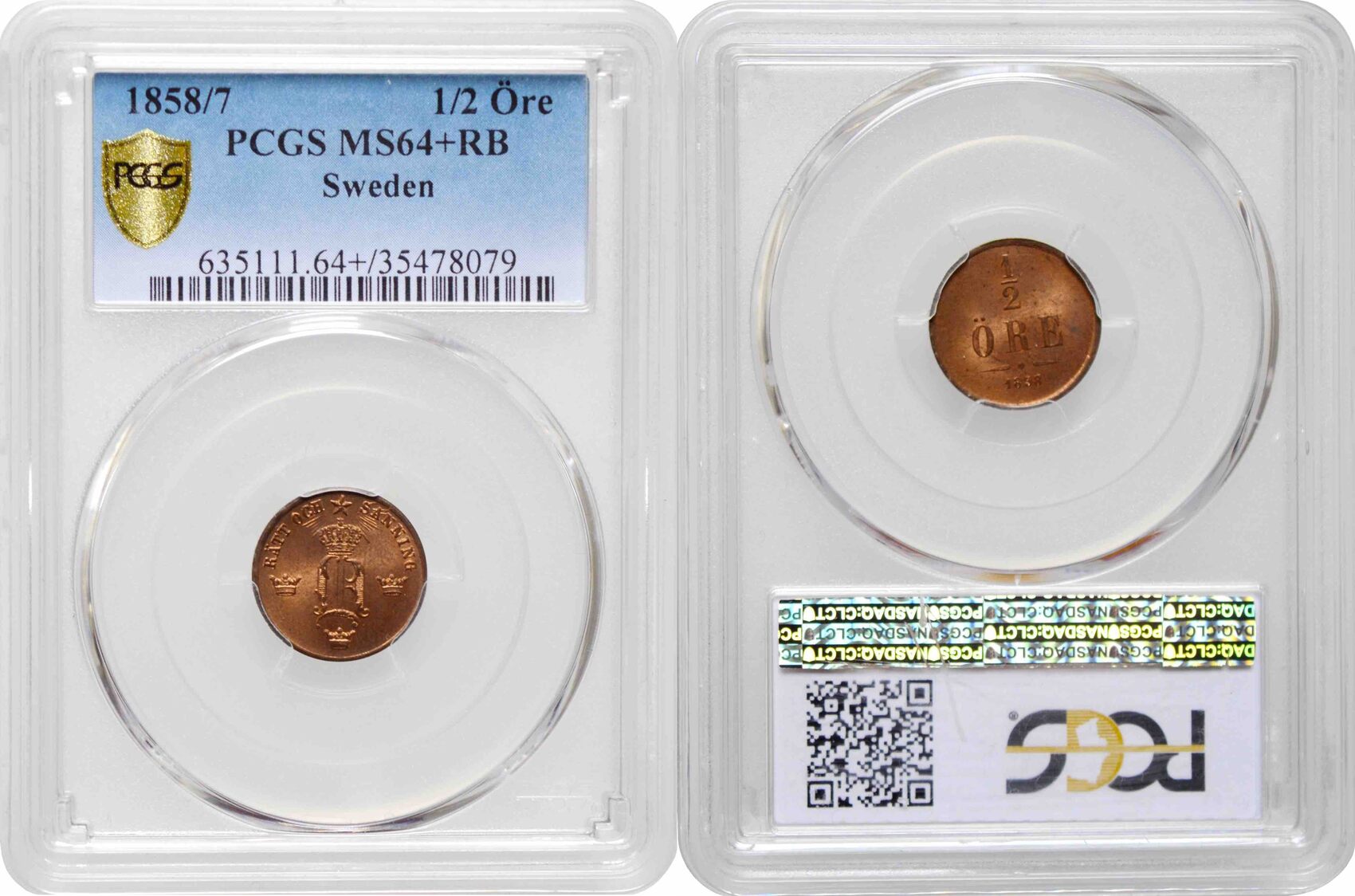 Sweden 1/2 ore 1858/7, PCGS MS64+ RB, King Oscar I (1844 - 1859) | MA-Shops