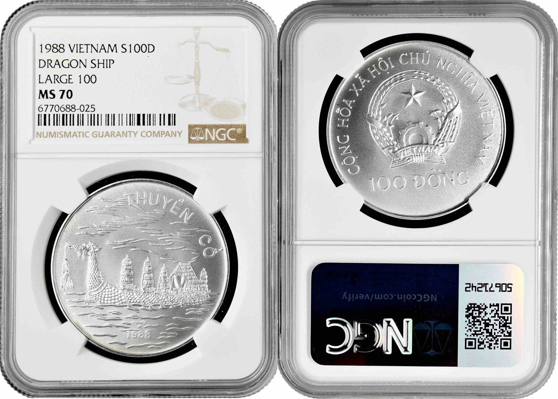 Vietnam 100 dong 1988, NGC MS70, Asian Dragon Ship, LARGE 100 silver ...