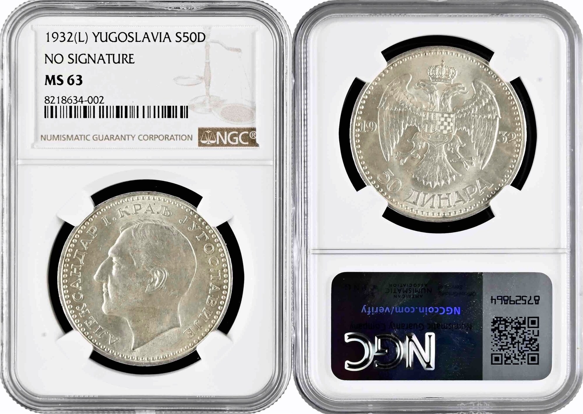 Yugoslavia 50 dinara 1932 (L), NGC MS63, Alexander I (1921-1934) NO SIGNATURE Yugoslavia (L ...
