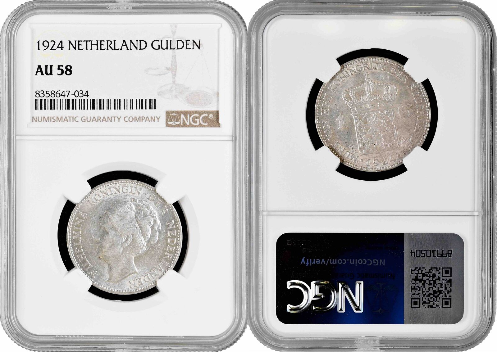 Netherlands 1 gulden 1924, NGC AU58, Queen Wilhelmina (1890 - 1948) silver Netherlands 1924, NGC ...