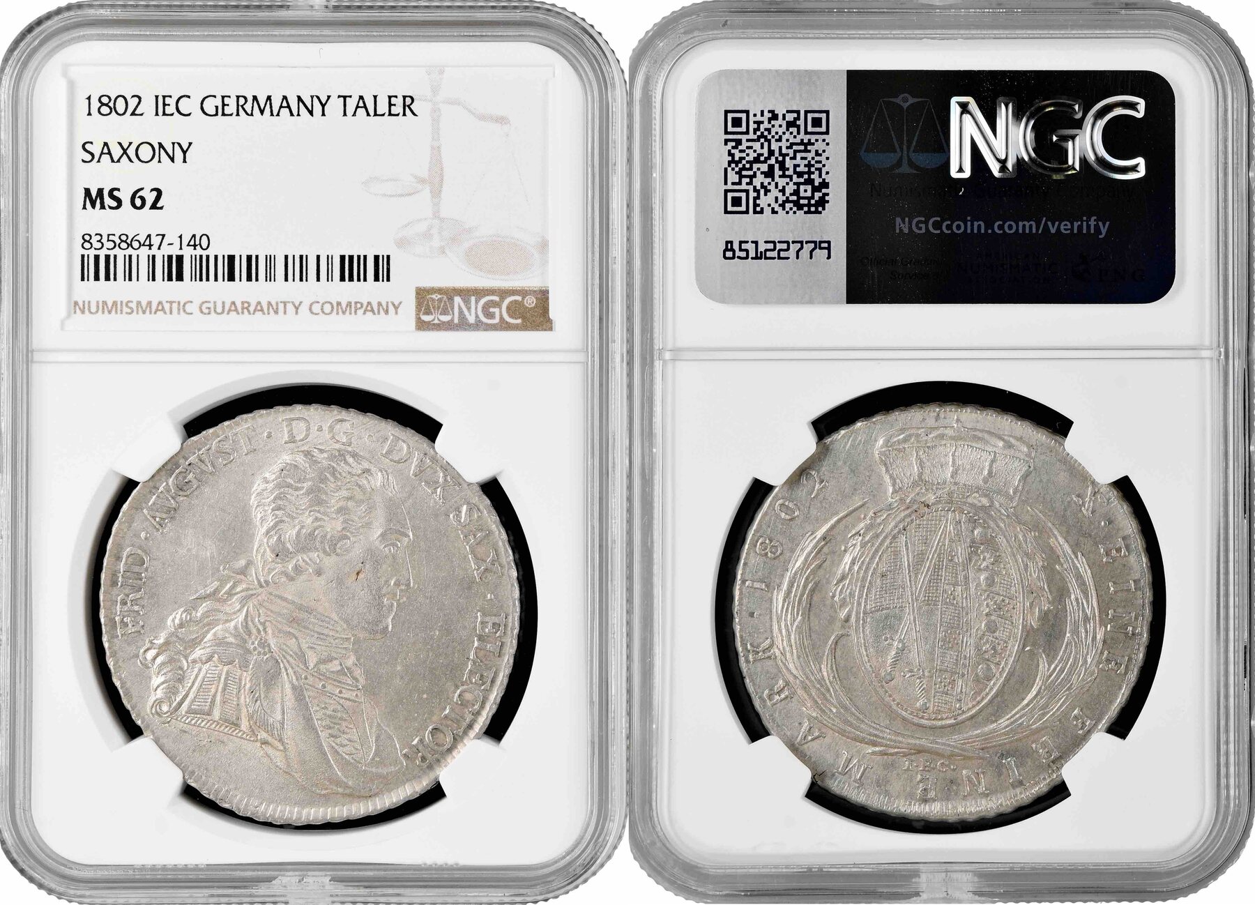 Saxony 1 thaler 1802 IEC, NGC MS62, Elector Frederick Augustus (1763 ...