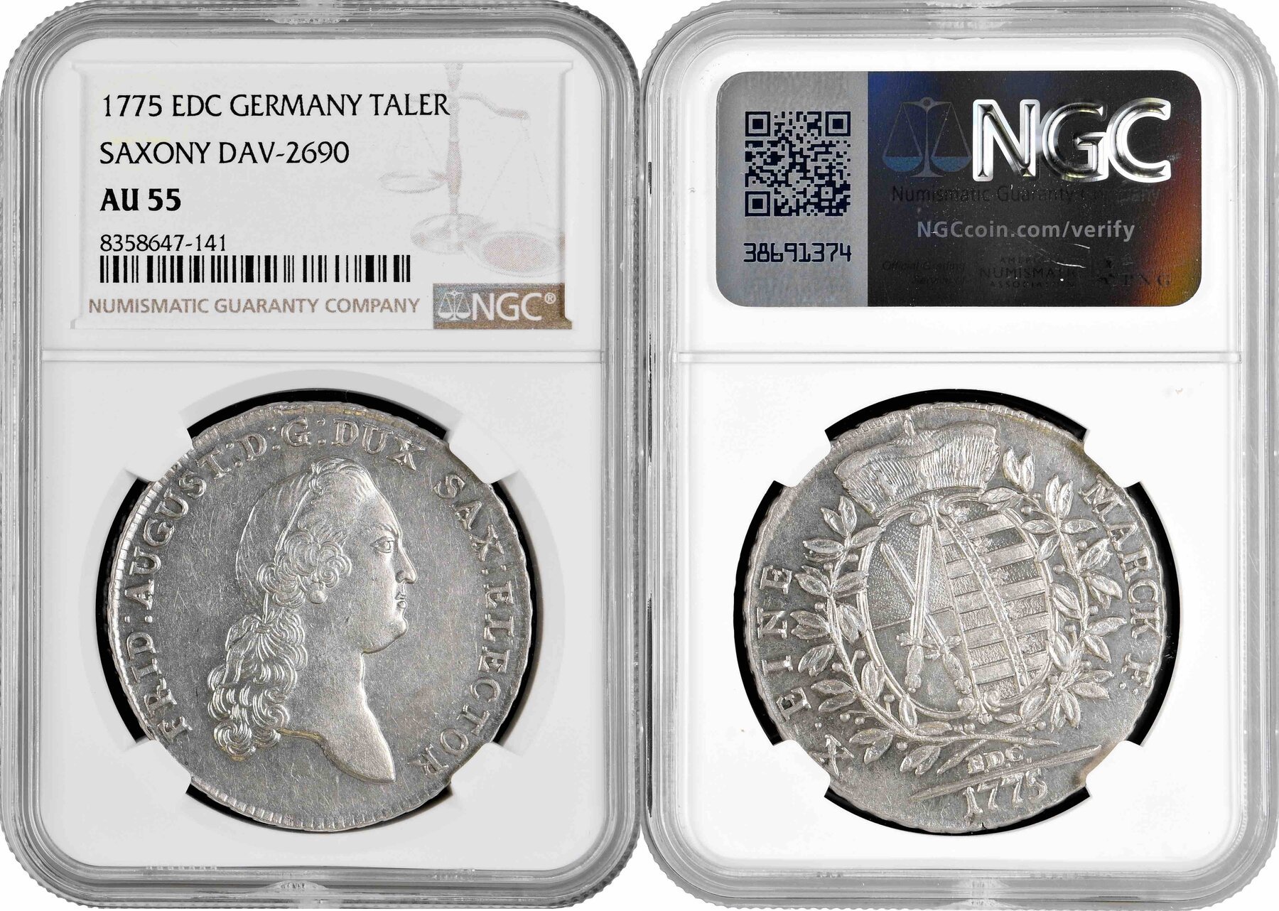 Saxony 1 thaler 1775 EDC, NGC AU55, Elector Frederick Augustus (1763 ...