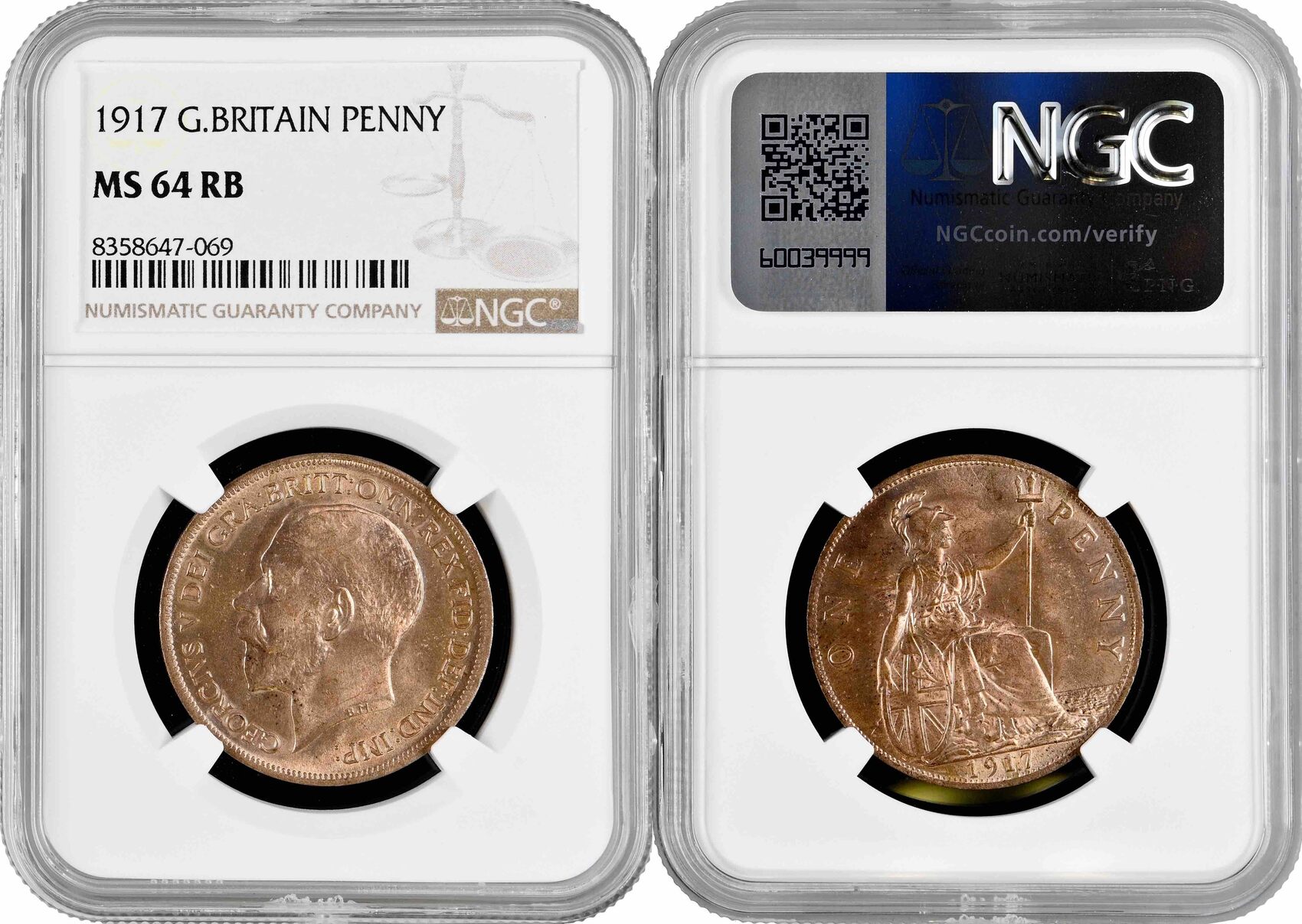 Great Britain 1 penny 1917, NGC MS64 RB, King George V (1910 - 1936) Great Britain 1917, NGC ...