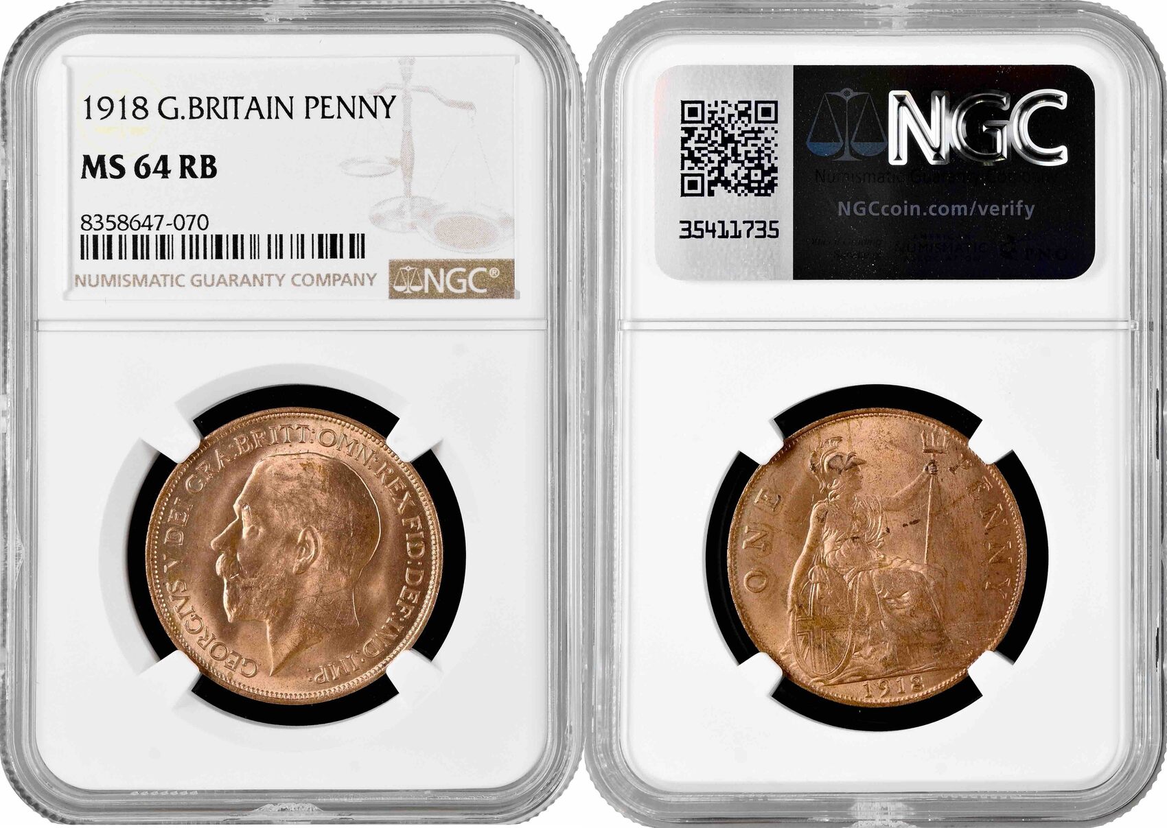 Great Britain 1 penny 1918, NGC MS64 RB, King George V (1910 - 1936) Great Britain 1918, NGC ...