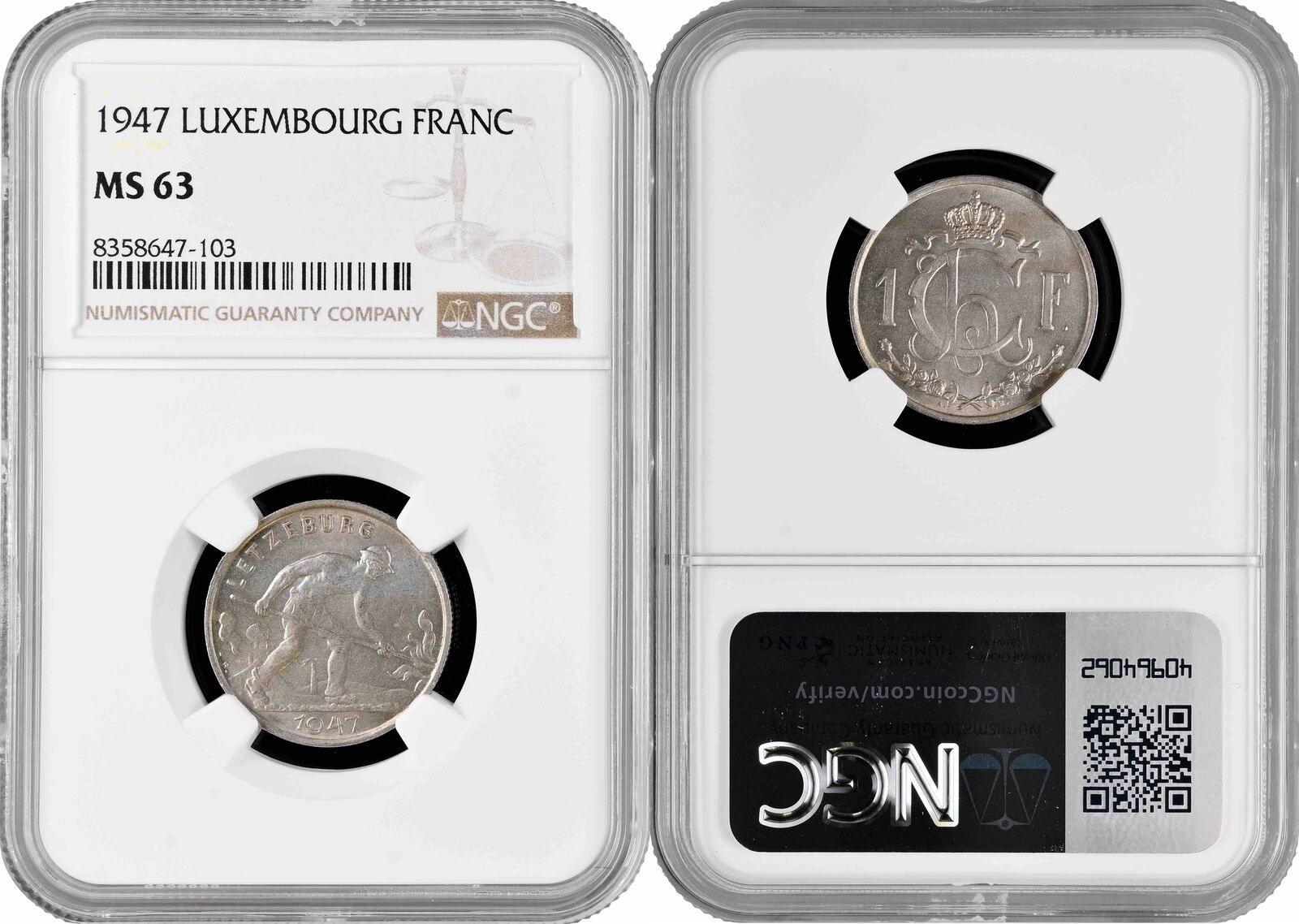 Luxembourg 1 franc 1947, NGC MS63, Grand Duchess Charlotte (1918 - 1964 ...