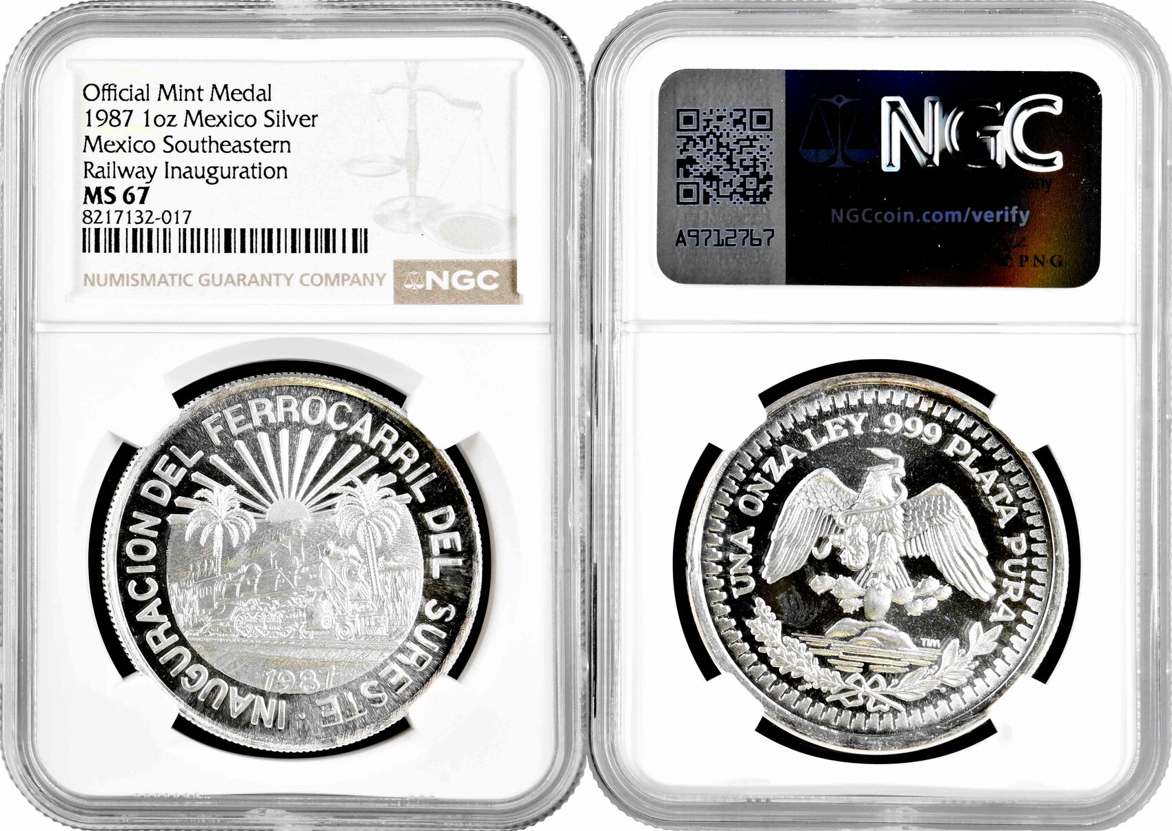Mexico silver medal 1987, NGC MS67, Southeastern Railway Inauguration Pop 1/1 Mexico silver 1987 ...