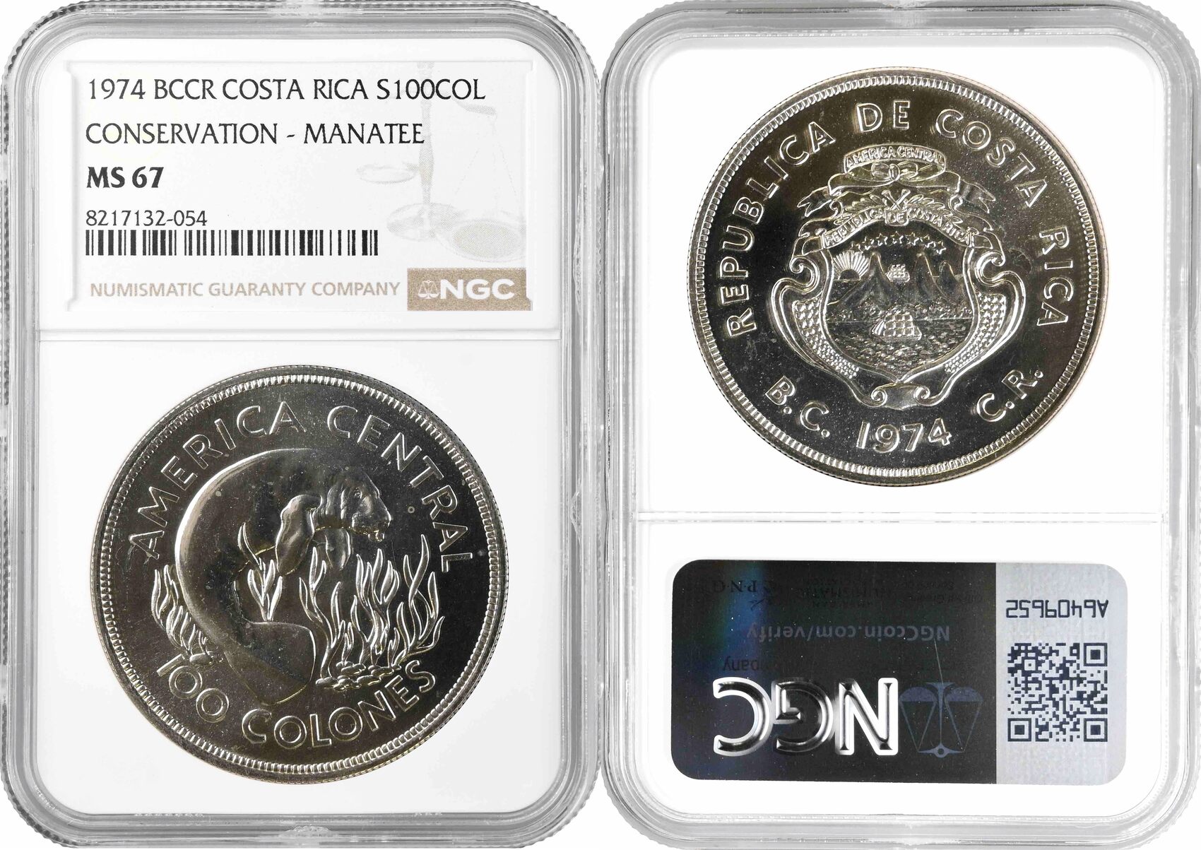 Costa Rica 100 colones 1974, NGC MS67, Conservation - Manatee silver ...