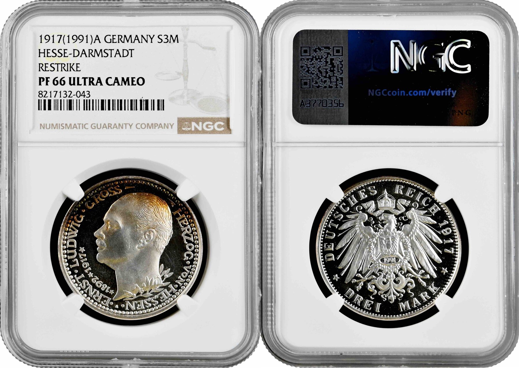 Hesse-Darmstadt 3 mark 1917 (1991) A, NGC PF66 UC RESTRIKE, Accession ...