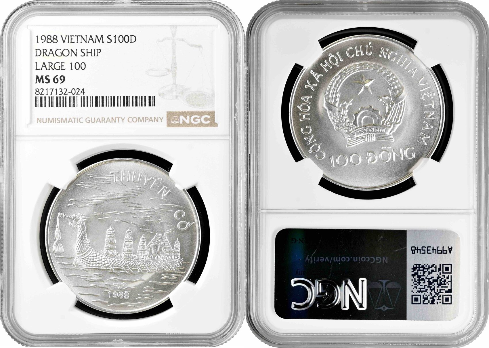 Vietnam 100 dong 1988, NGC MS69, Asian Dragon Ship silver coin | MA-Shops