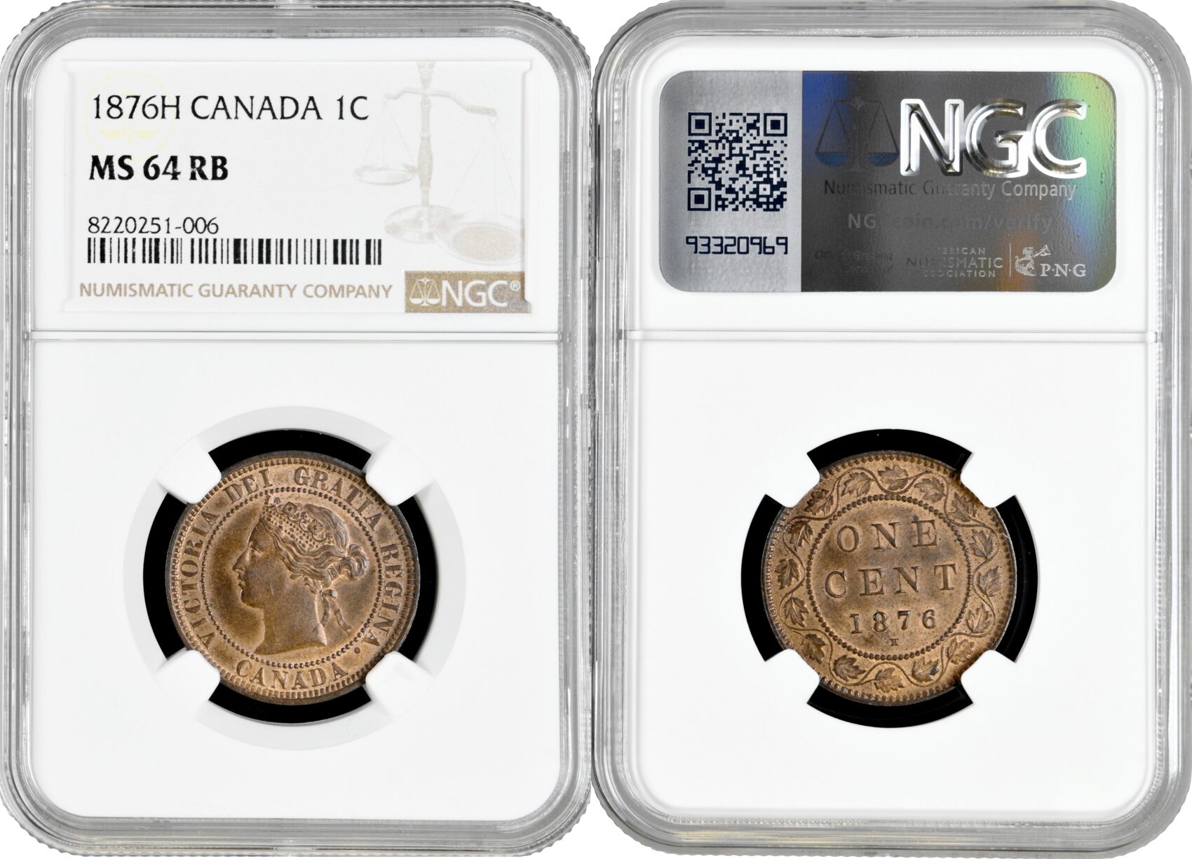 Canada 1 cent 1876 H, NGC MS64 RB, Queen Victoria (1858 - 1901) Canada ...