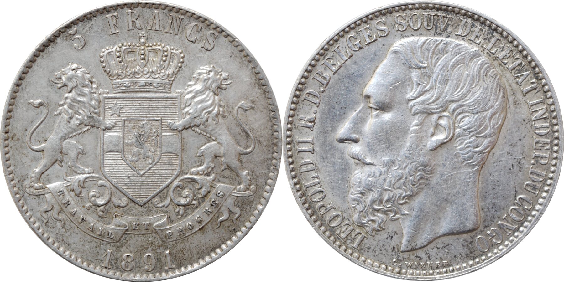Congo Free State 5 francs 1891, UNC-AU, King Leopold II (1865 - 1908 ...