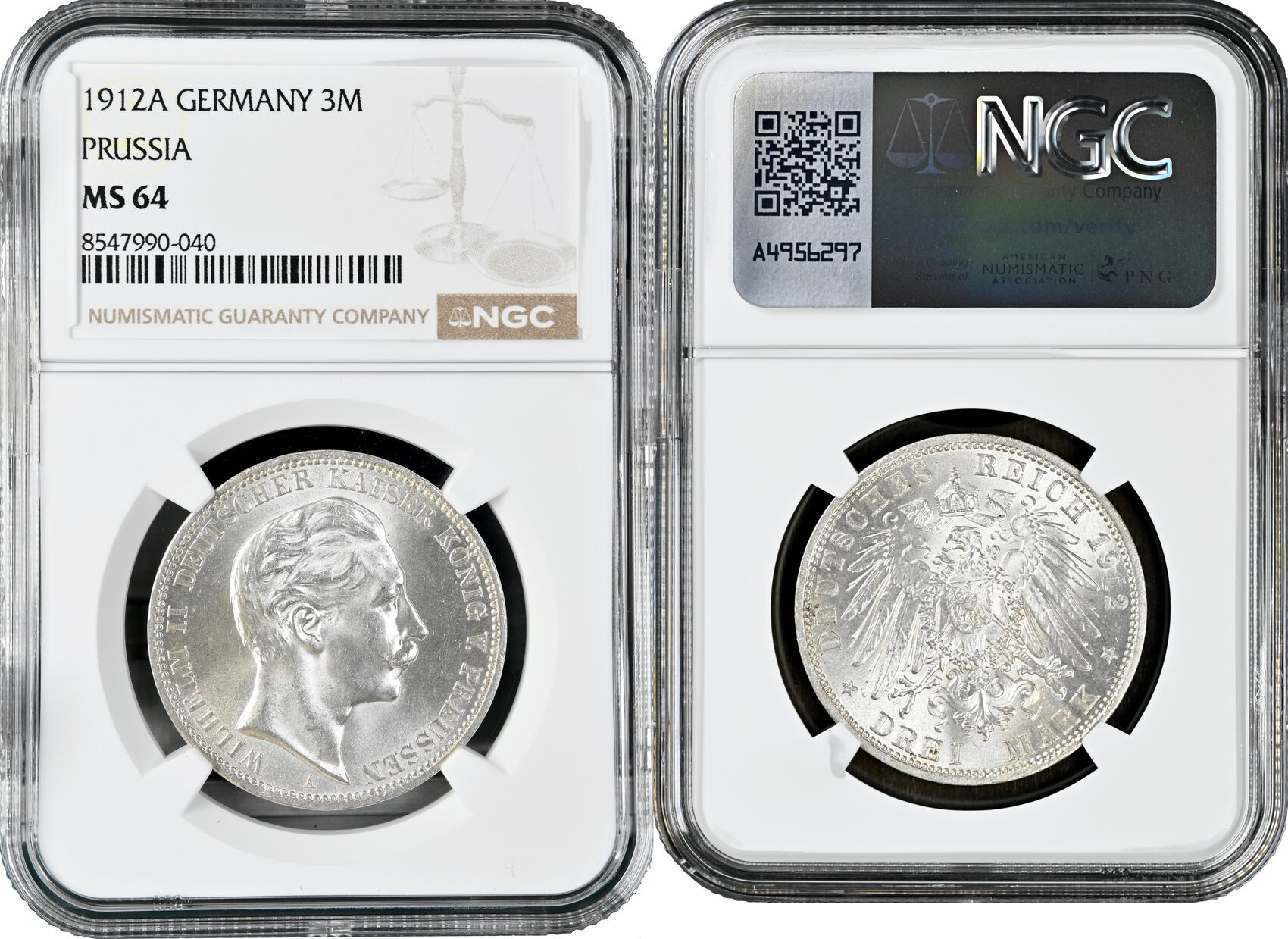 Prussia 3 mark 1912 A, NGC MS64, Emperor Wilhelm II (1888 - 1918 ...
