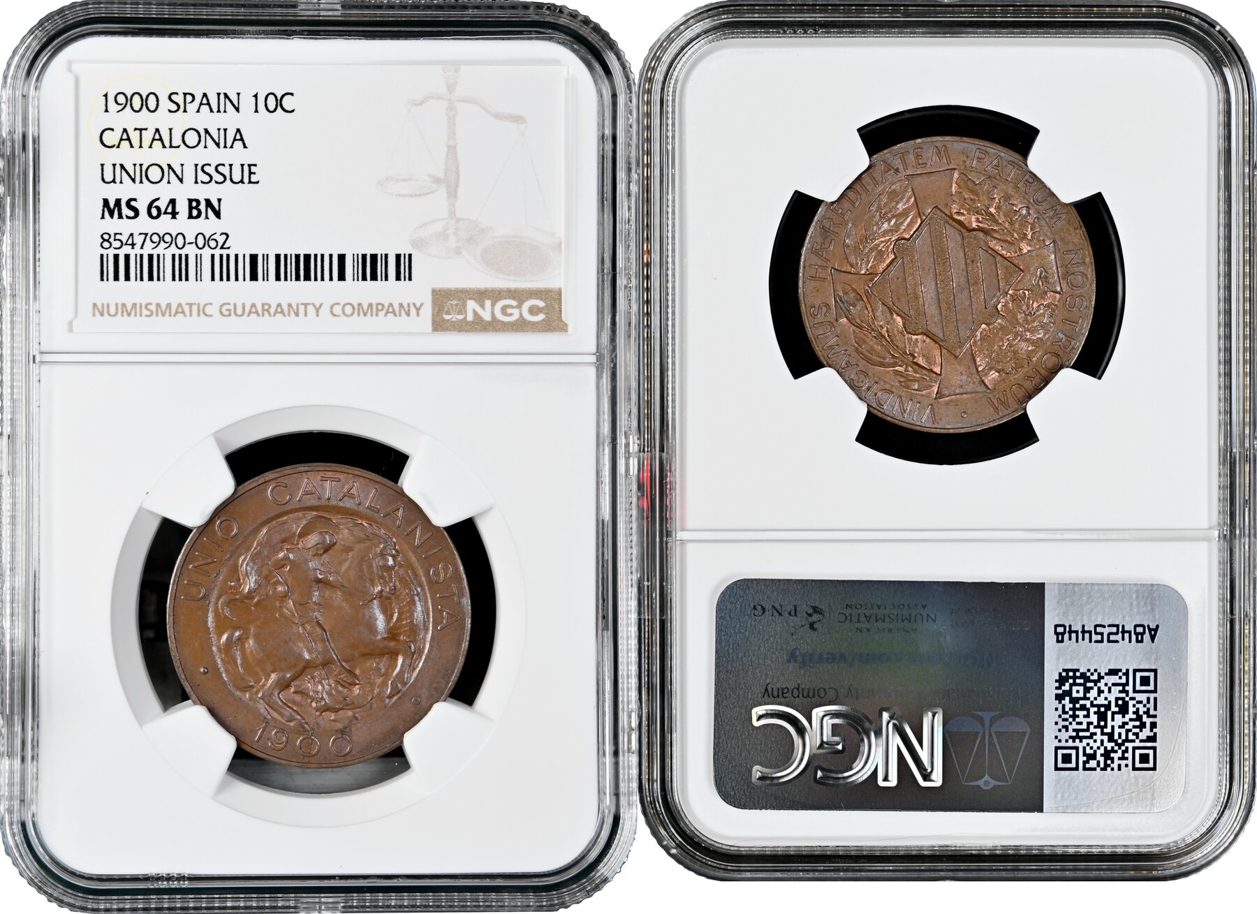 Spain 10 centimos 1900, NGC MS65 BN, Catalonia: Catalanist Union Top Pop Spain 1900, NGC MS65 BN ...