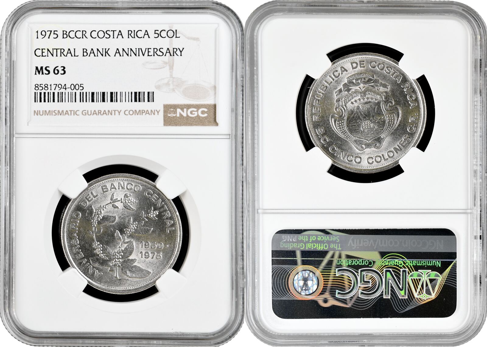 Costa Rica 5 colones 1975, NGC MS63, 25th Anniversary - Central Bank ...