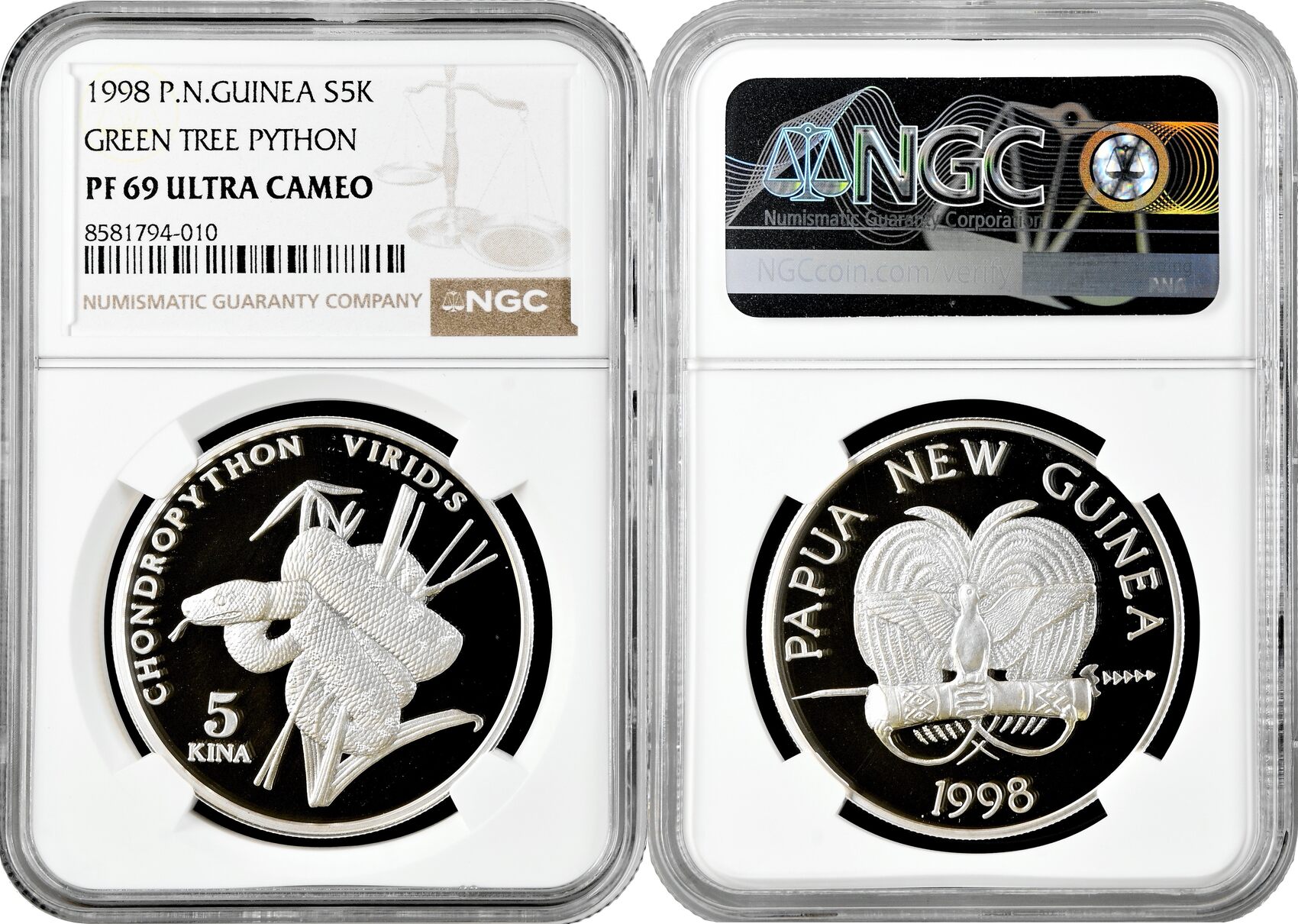Papua New Guinea 5 kina 1998, NGC PF69 UC, Endangered Wildlife - Green ...