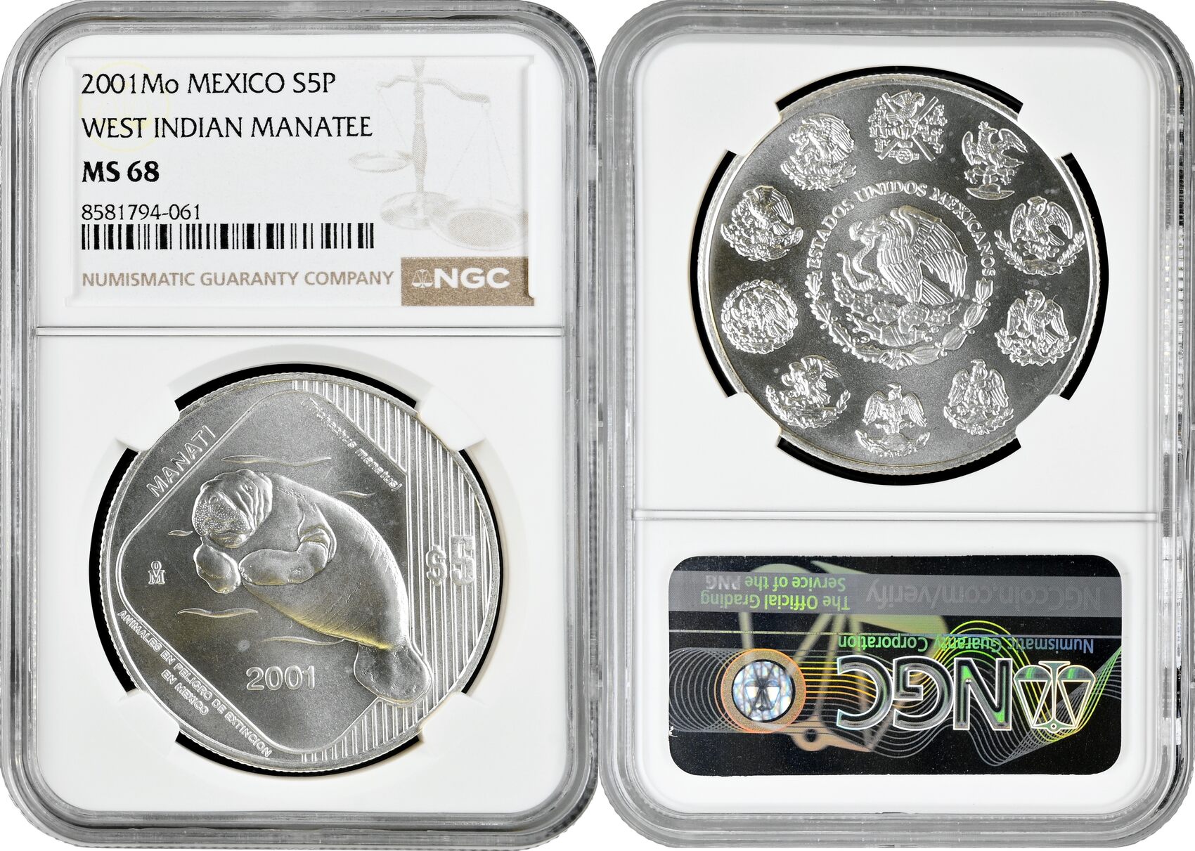 Mexico 5 pesos 2001 Mo, NGC MS68, Endangered Animals - Manatee silver ...