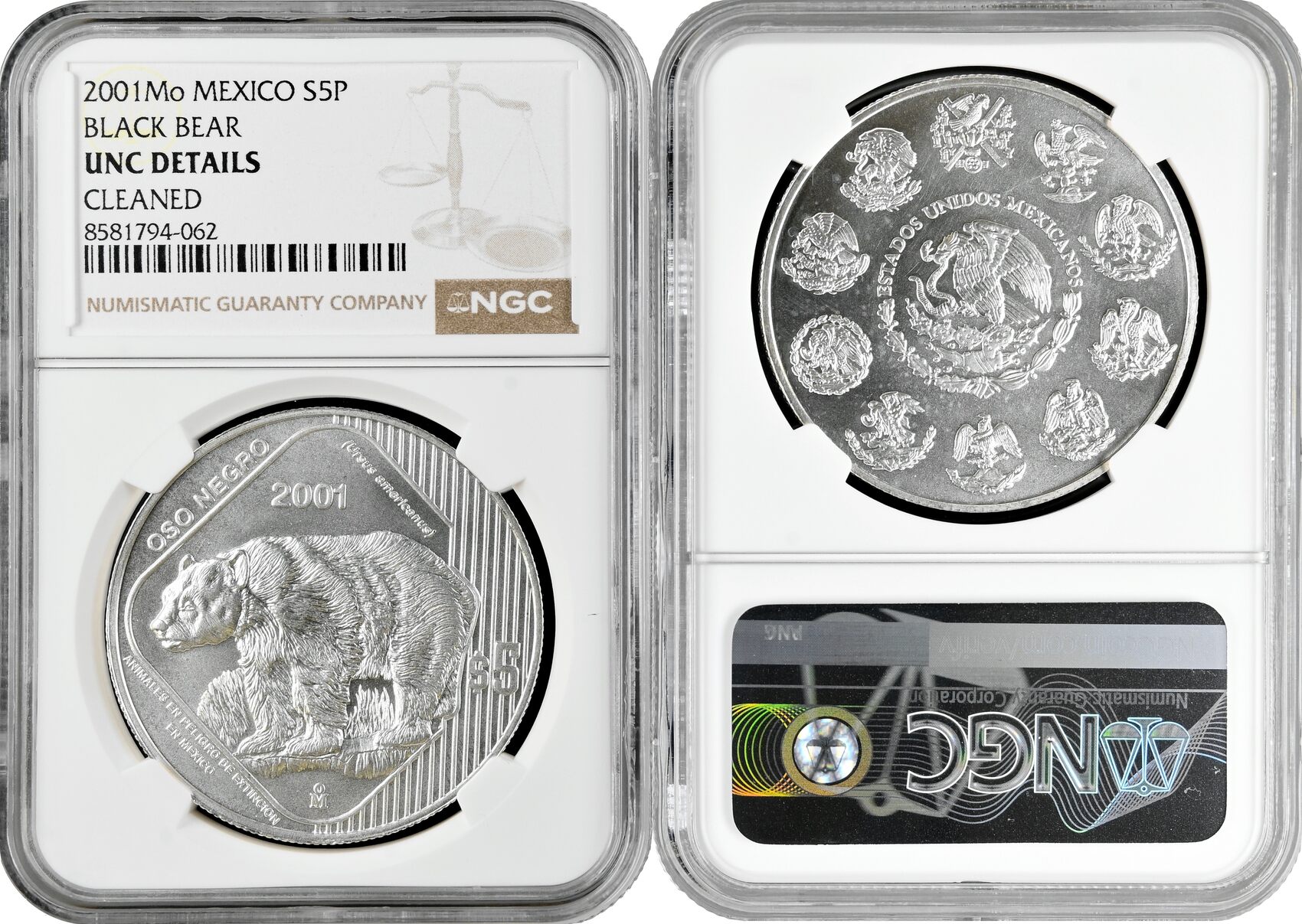 Mexico 5 pesos 2001 Mo, NGC UNC Det., Endangered Animals - Black Bear ...