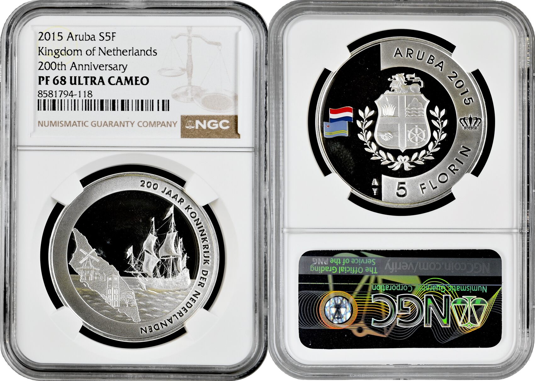 Aruba 5 florin 2015, NGC PF68 UC, 200th Anniversary - Kingdom of ...