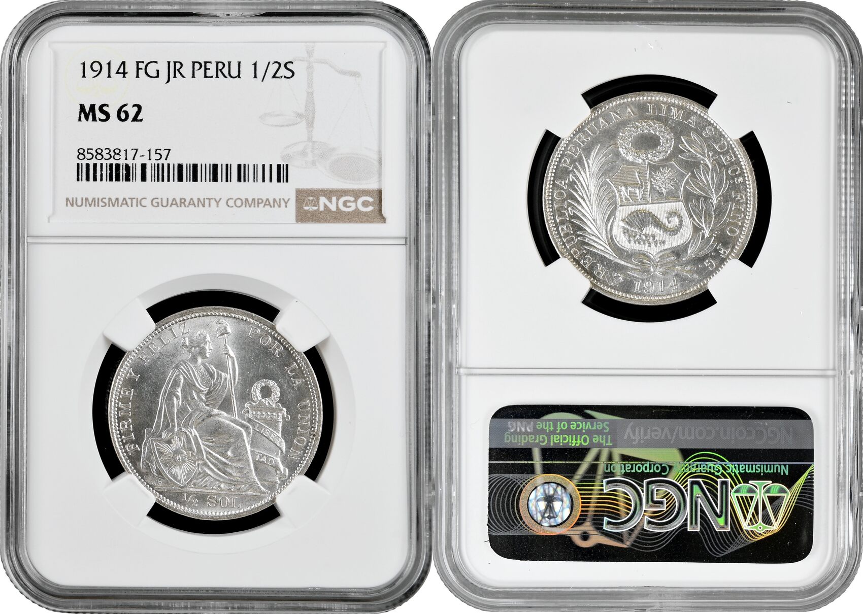 Peru 1/2 sol 1914 FG JR, NGC MS62, Republic of Peru (1863 - 1917 ...