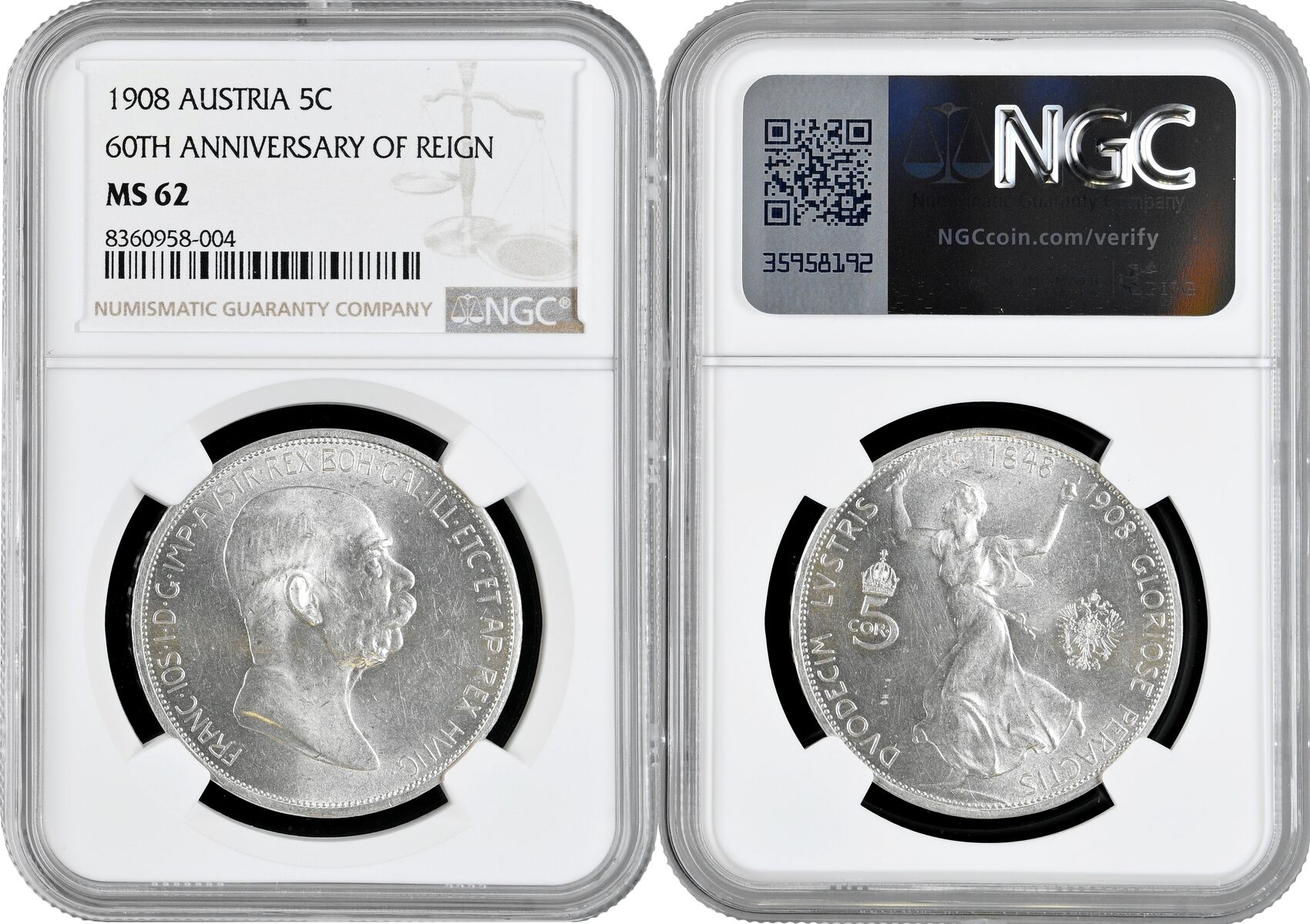 Austria 5 corona 1908, NGC MS62, 60th Anniversary of Reign silver coin ...