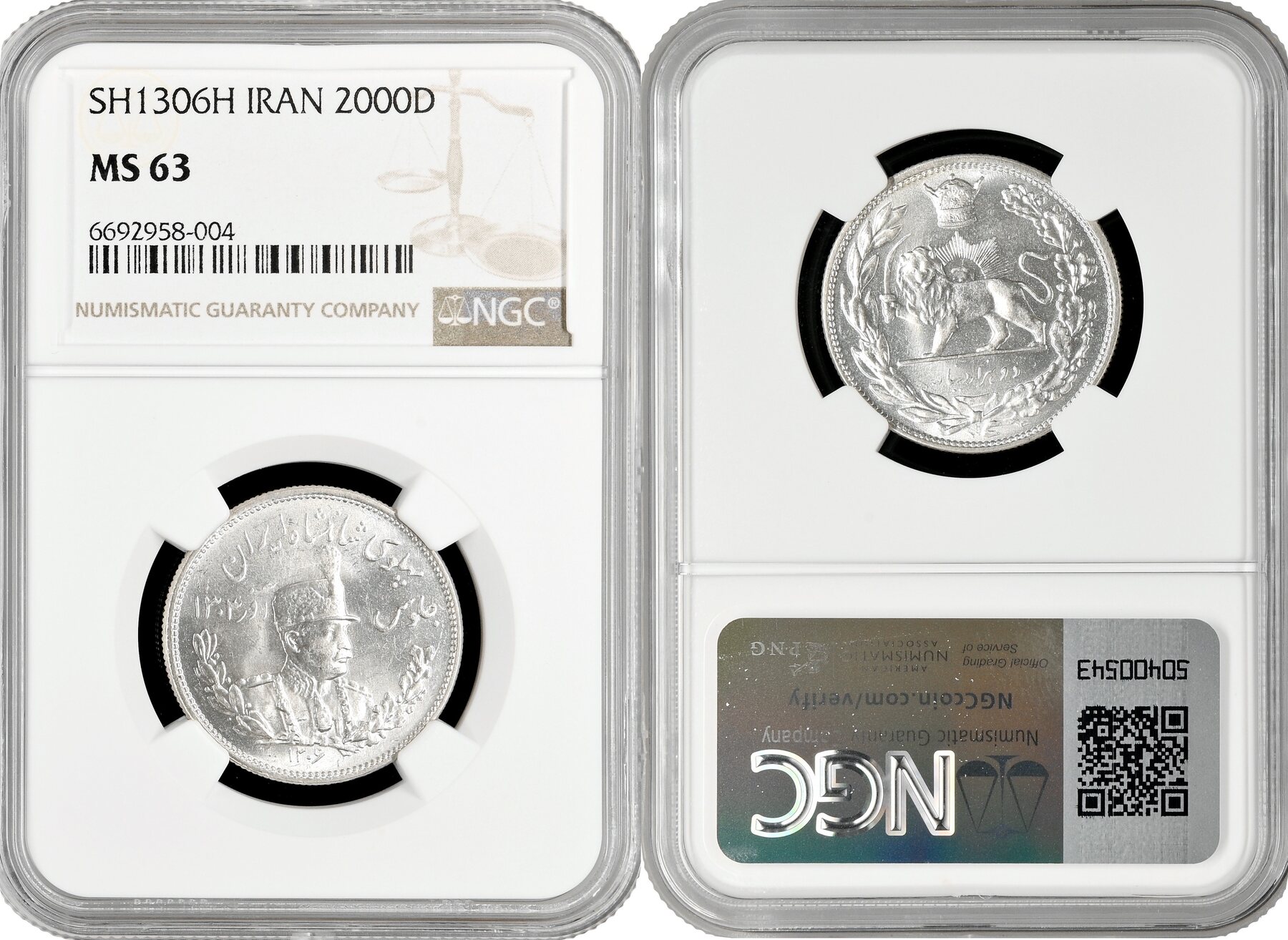 Persia 2000 dinars AH 1306 (1927) H, NGC MS63, Reza Shah Pahlavi (1925 ...