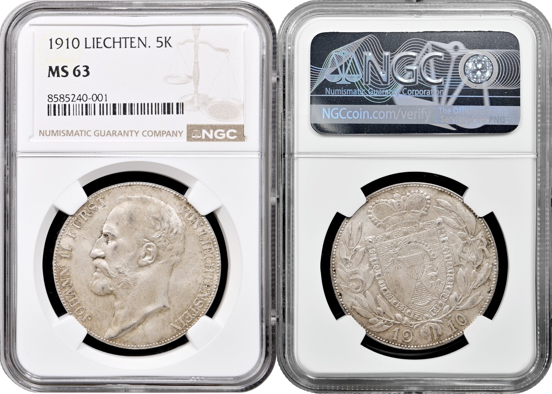 Liechtenstein 5 kronen 1910, NGC MS63, Prince Johann II (1858 - 1929 ...