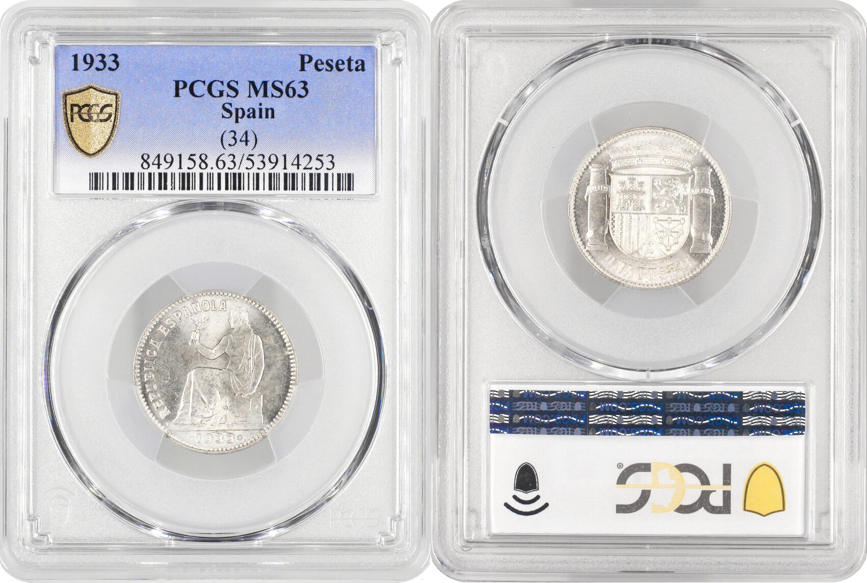 Spain 1 peseta 1933 (34), PCGS MS63, Second Republic (1931 - 1939 ...