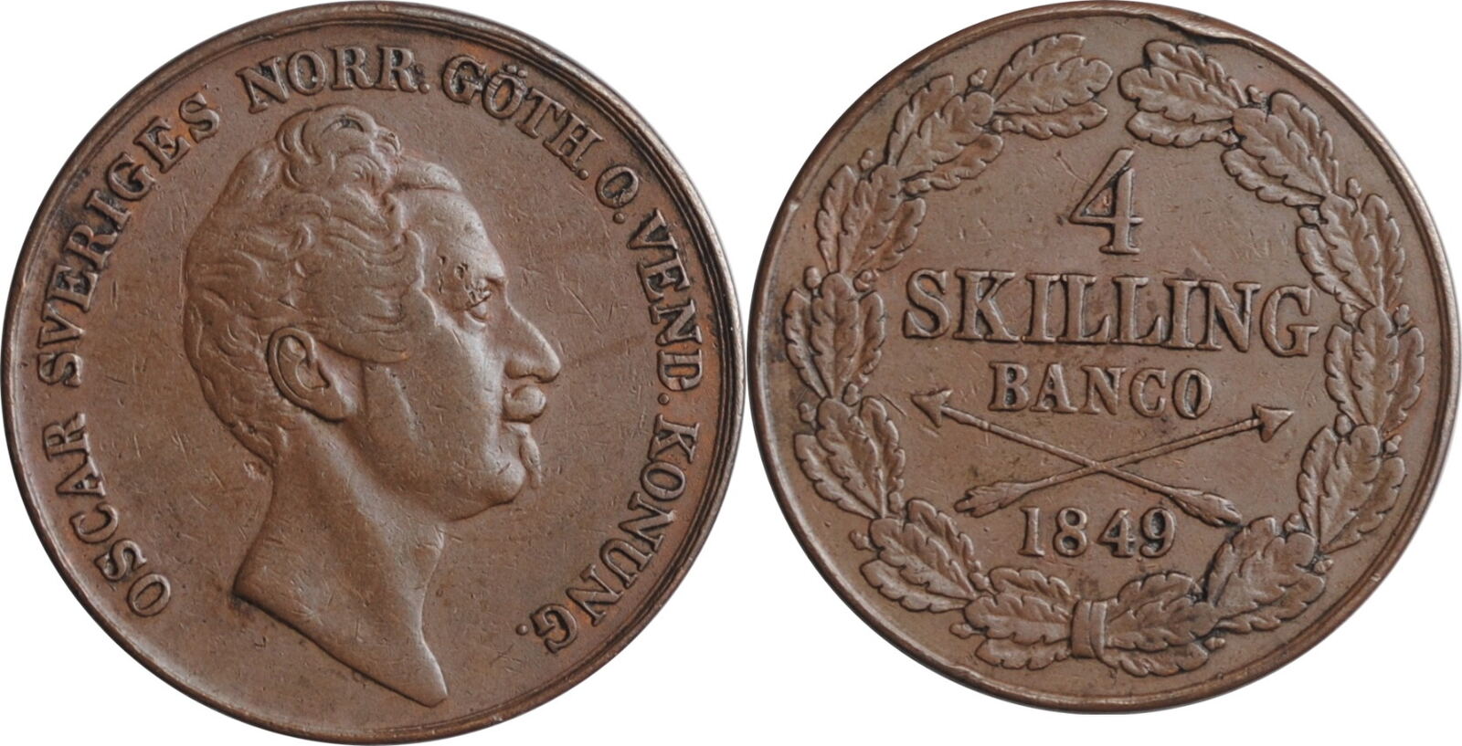 Sweden 4 skilling banco 1849, XF, King Oscar I (1844 - 1859) | MA-Shops