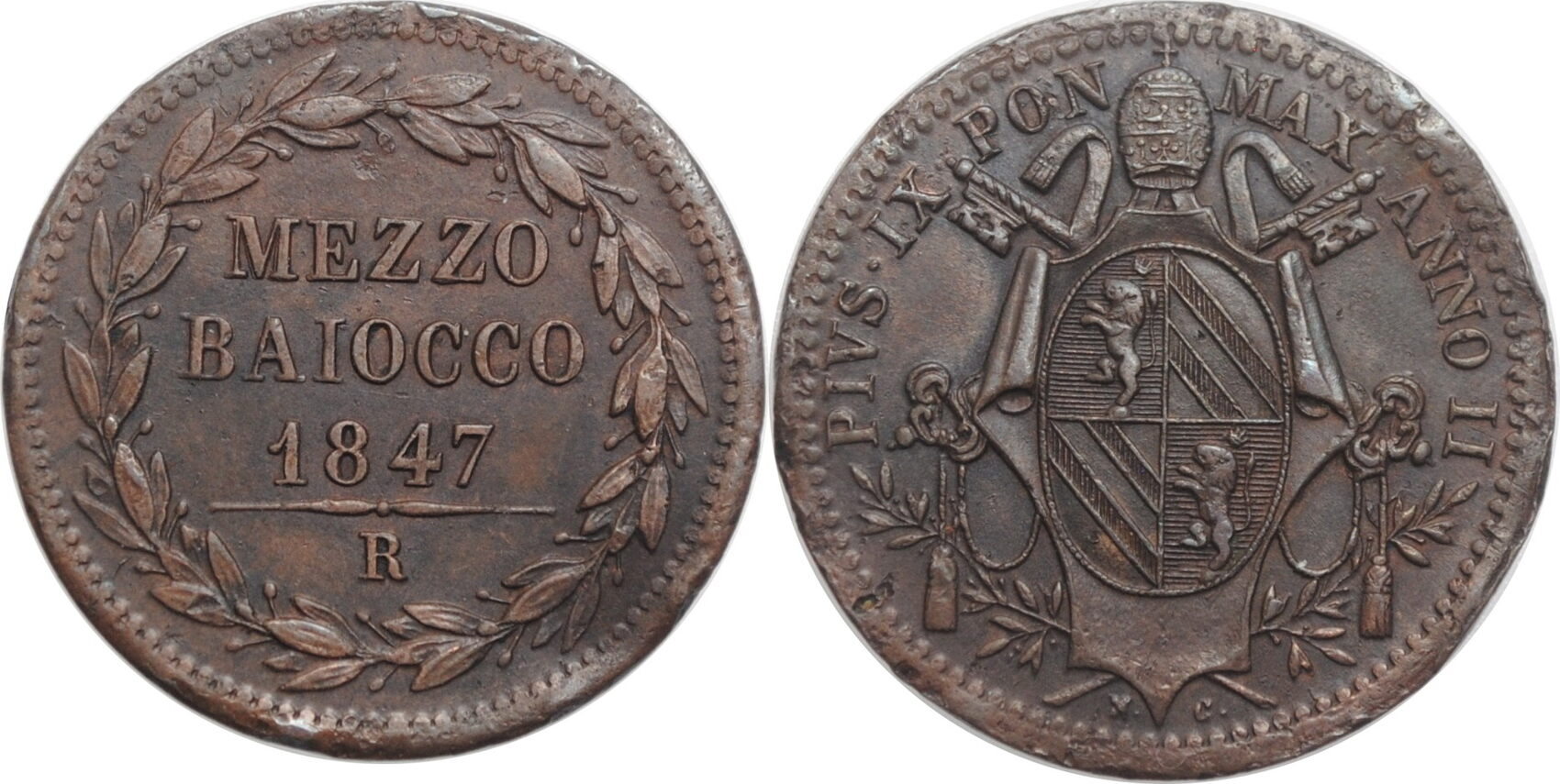 Papal States 1/2 baiocco 1847 R, XF, Pope Pius IX (1846 - 1878) | MA-Shops