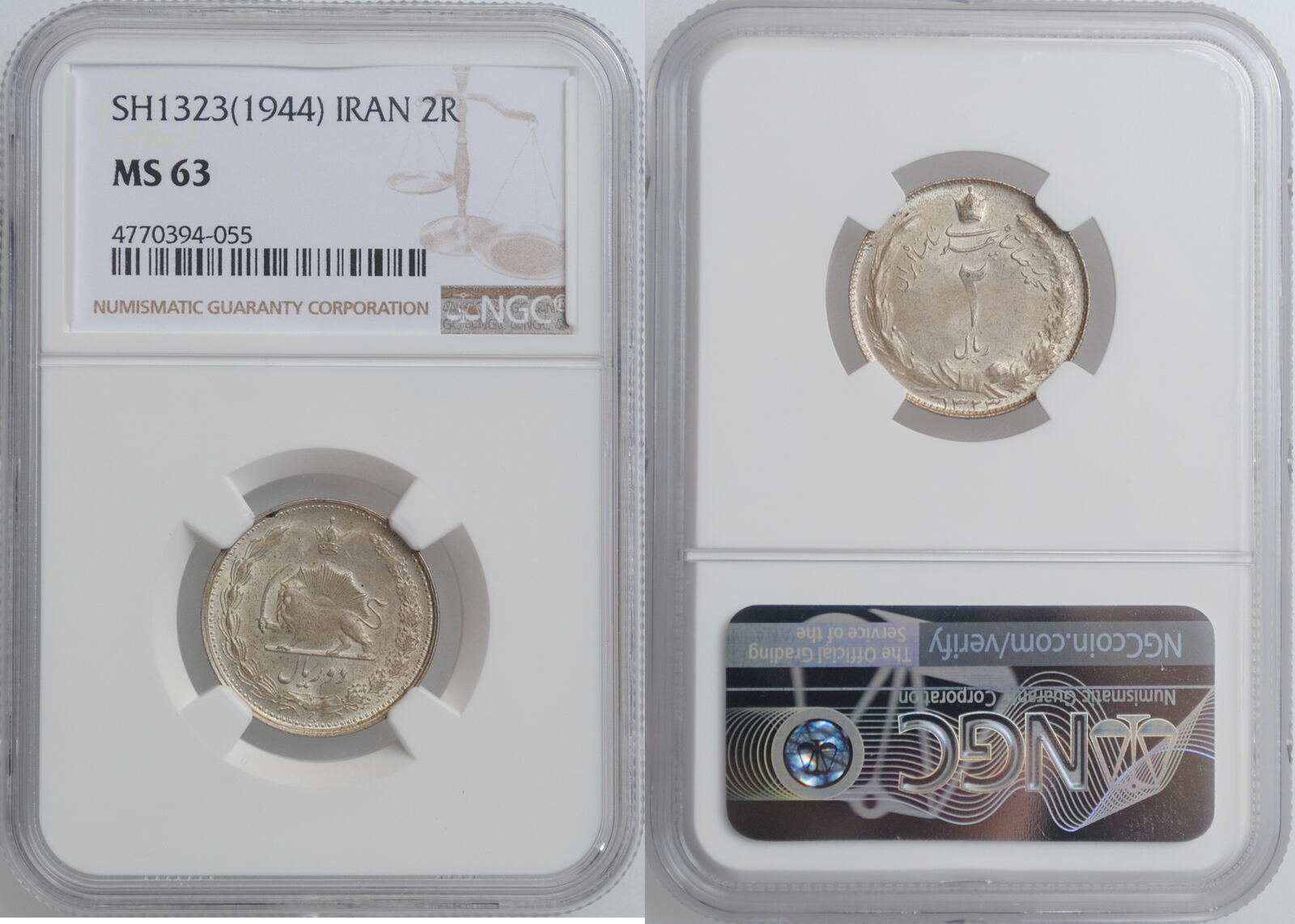 Persia 2 rials SH 1323 (1944), NGC MS63, Mohammad Reza Shah Pahlavi ...