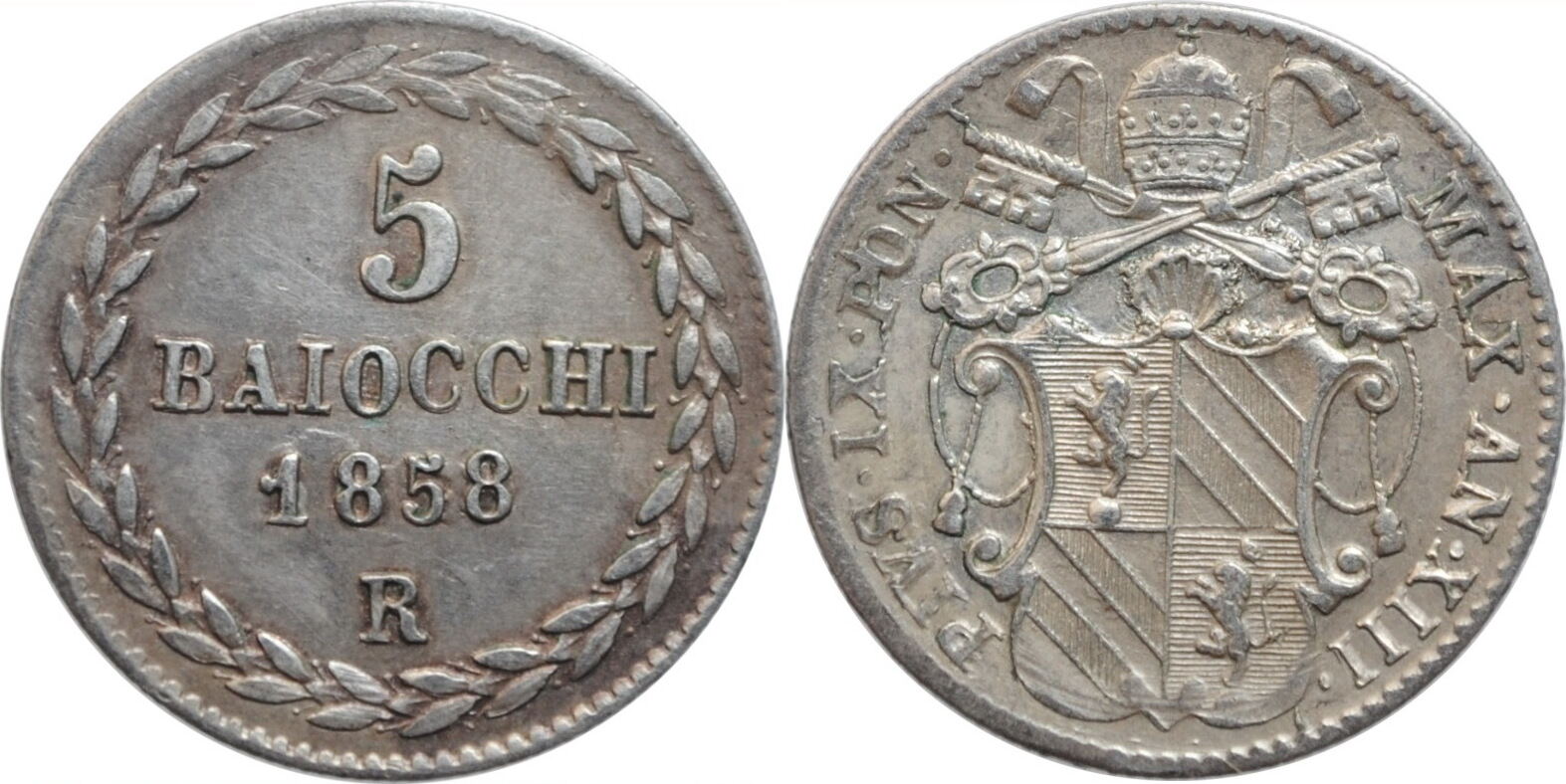 Papal States 5 baiocchi 1858 XIIIR, AU, Pope Pius IX (1846 - 1878) | MA ...