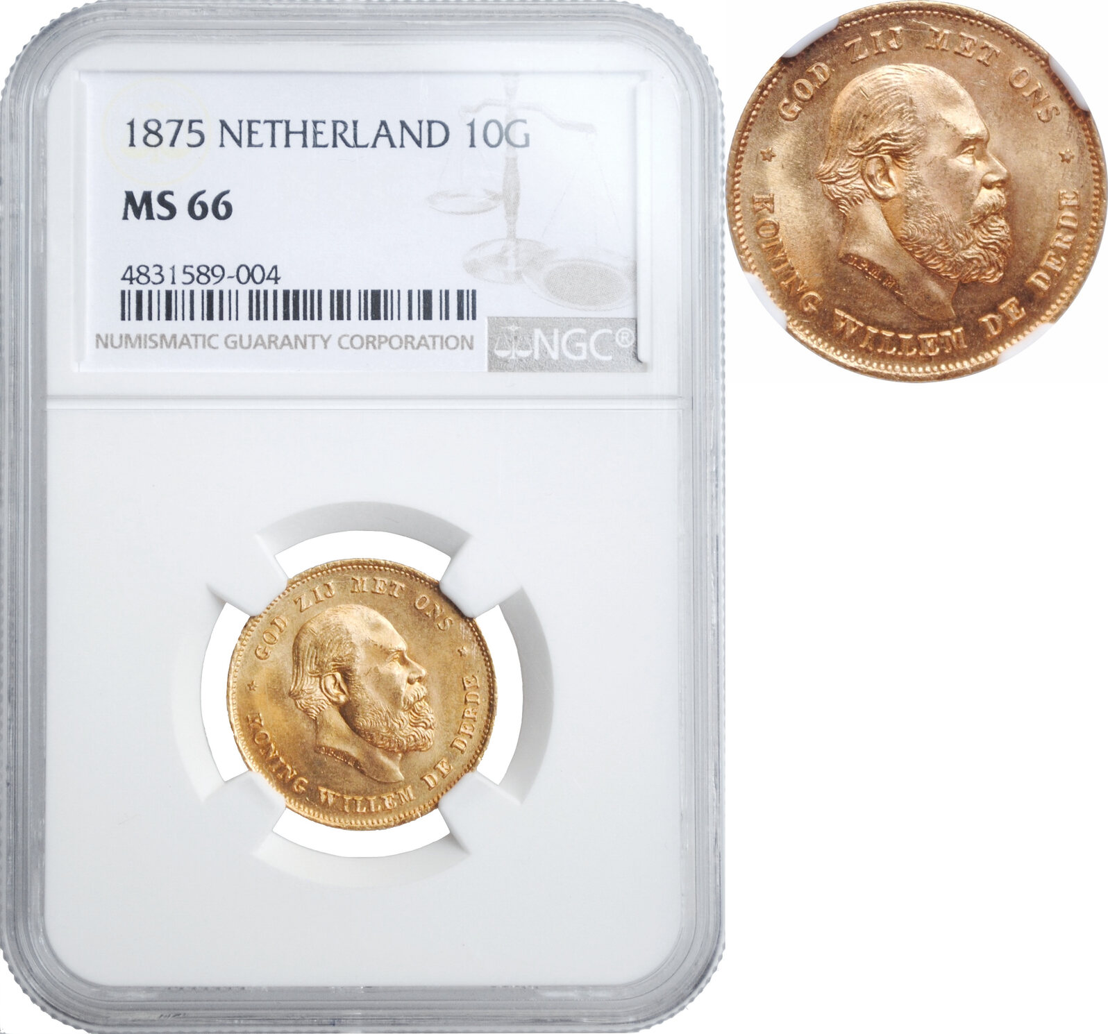 Netherlands 10 gulden 1875, NGC MS66, King William III (1849 - 1890 ...