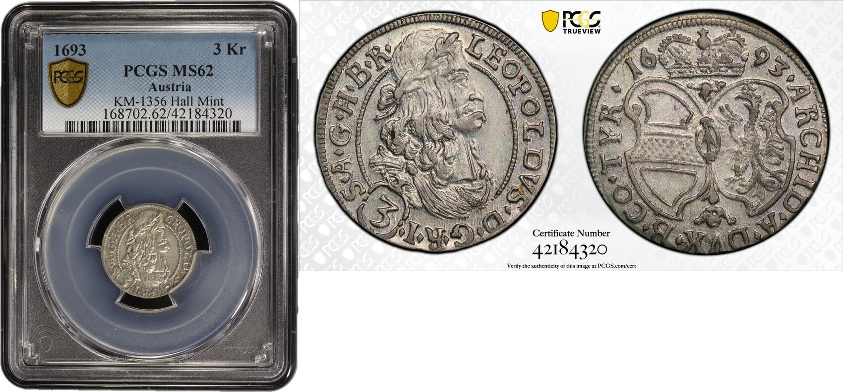 Austria 3 kreuzer 1693, PCGS MS62, Emperor Leopold I (1657 - 1705) Austria 1693, PCGS MS62 ...
