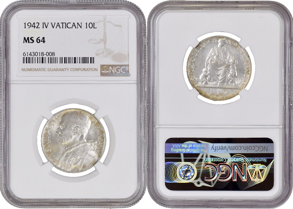 Vatican City 10 lire 1942, NGC MS64, Pope Pius XII (1939 - 1958) Vatican City 1942, NGC MS64 ...