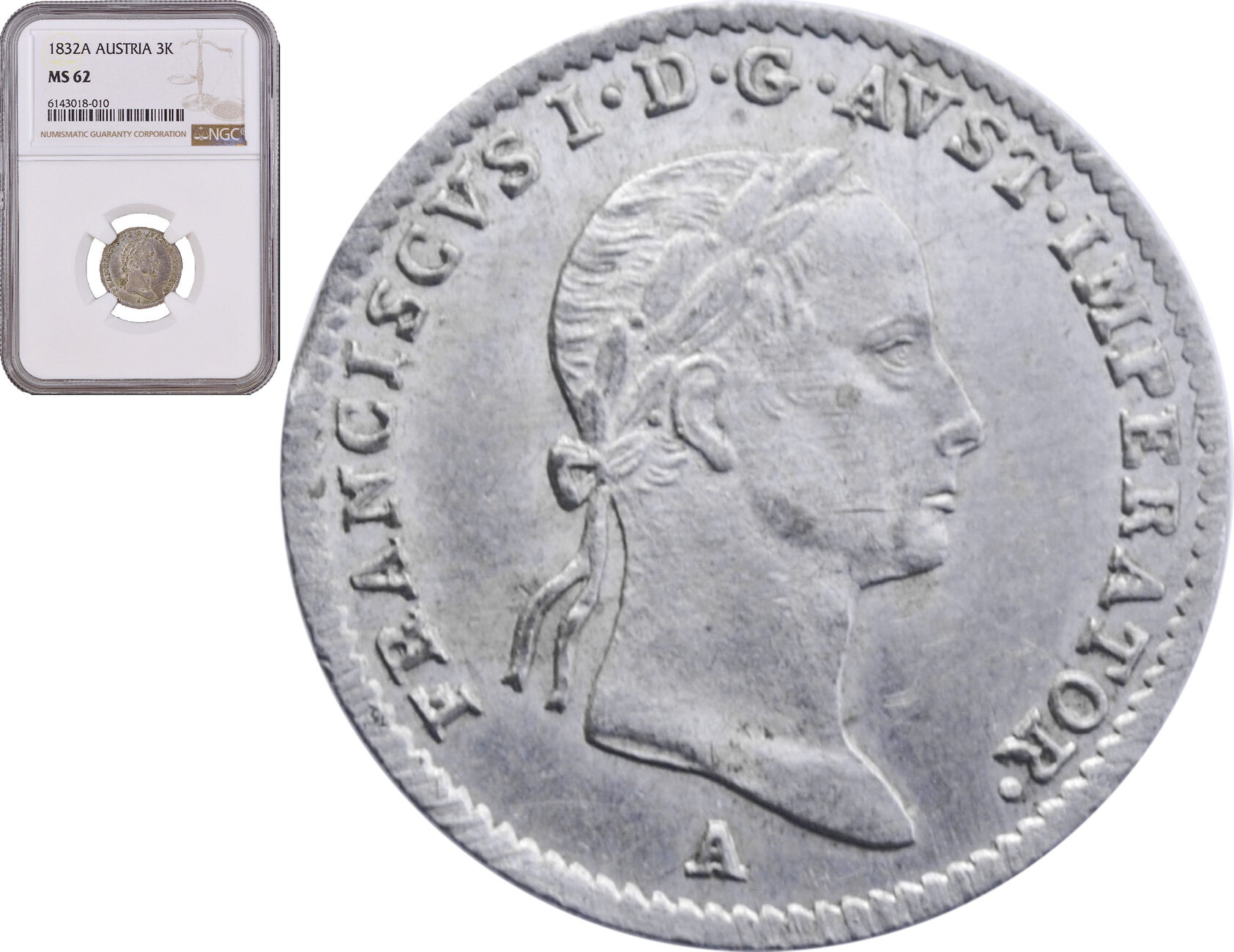 Austria 3 kreuzer 1832 A, NGC MS62, Emperor Ferdinand I (1806 - 1835) Austria 1832 A, NGC MS62 ...