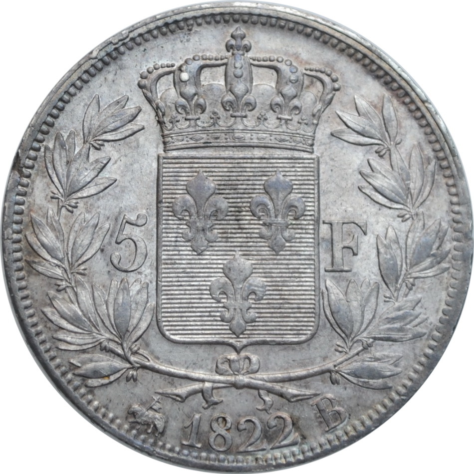 France 5 francs 1822 B, NGC MS62, King Louis XVIII (1815 - 1824) Top ...