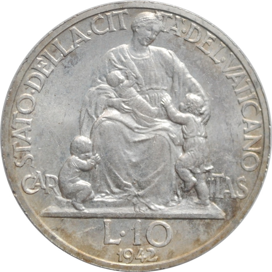 Vatican City 10 lire 1942, NGC MS64, Pope Pius XII (1939 - 1958) Vatican City 1942, NGC MS64 ...