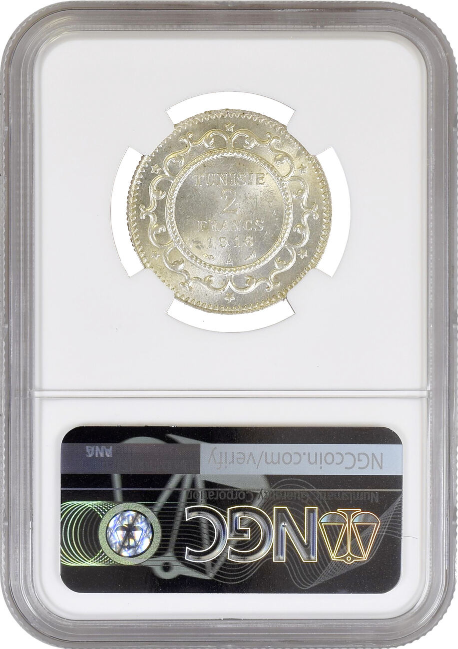 AH AH Tunisia 2 francs AH 1335 (1916/5), NGC MS63+, French protectorate (1890 - 1957) Top Pop ...