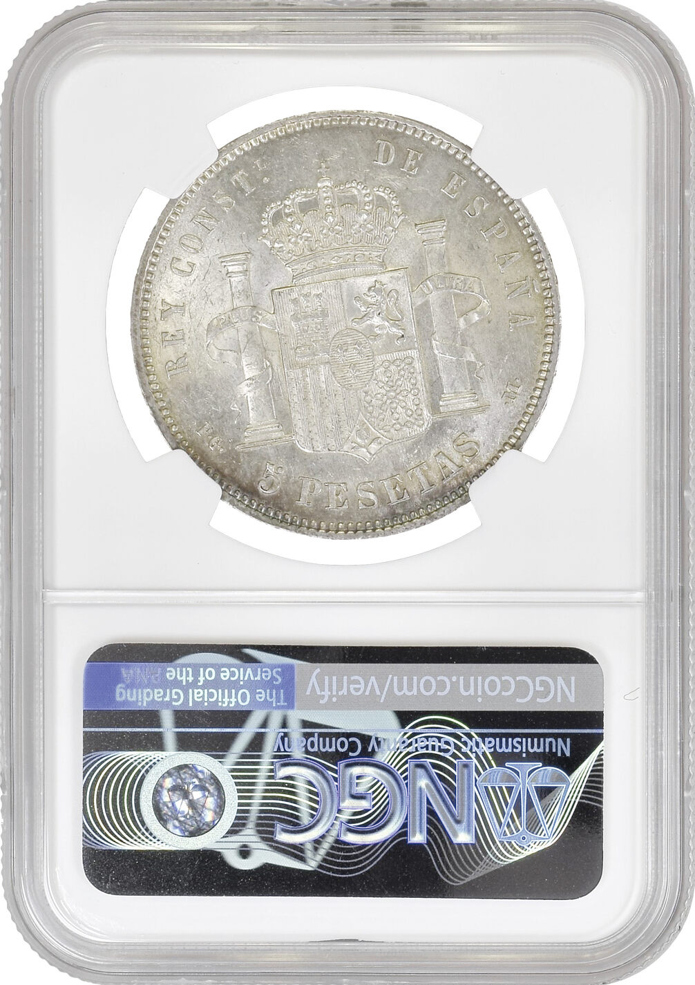 Spain 5 pesetas 1891 PGM, NGC MS62, King Alfonso XIII (1886 - 1931) Spain PGM, NGC MS62, King ...