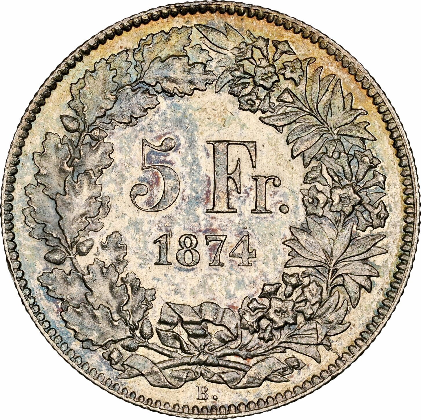 Switzerland 5 francs 1874 B., NGC MS62, Confoederatio Helvetica (1850 - 1916) Switzerland NGC ...