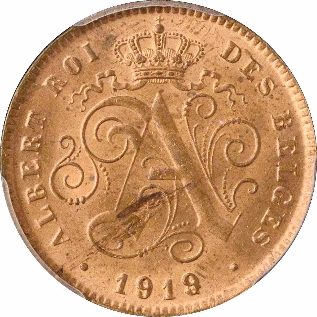 Belgium 2 centimes 1919/4 French, PCGS MS64 RD, Albert I (1910 - 1934 ...