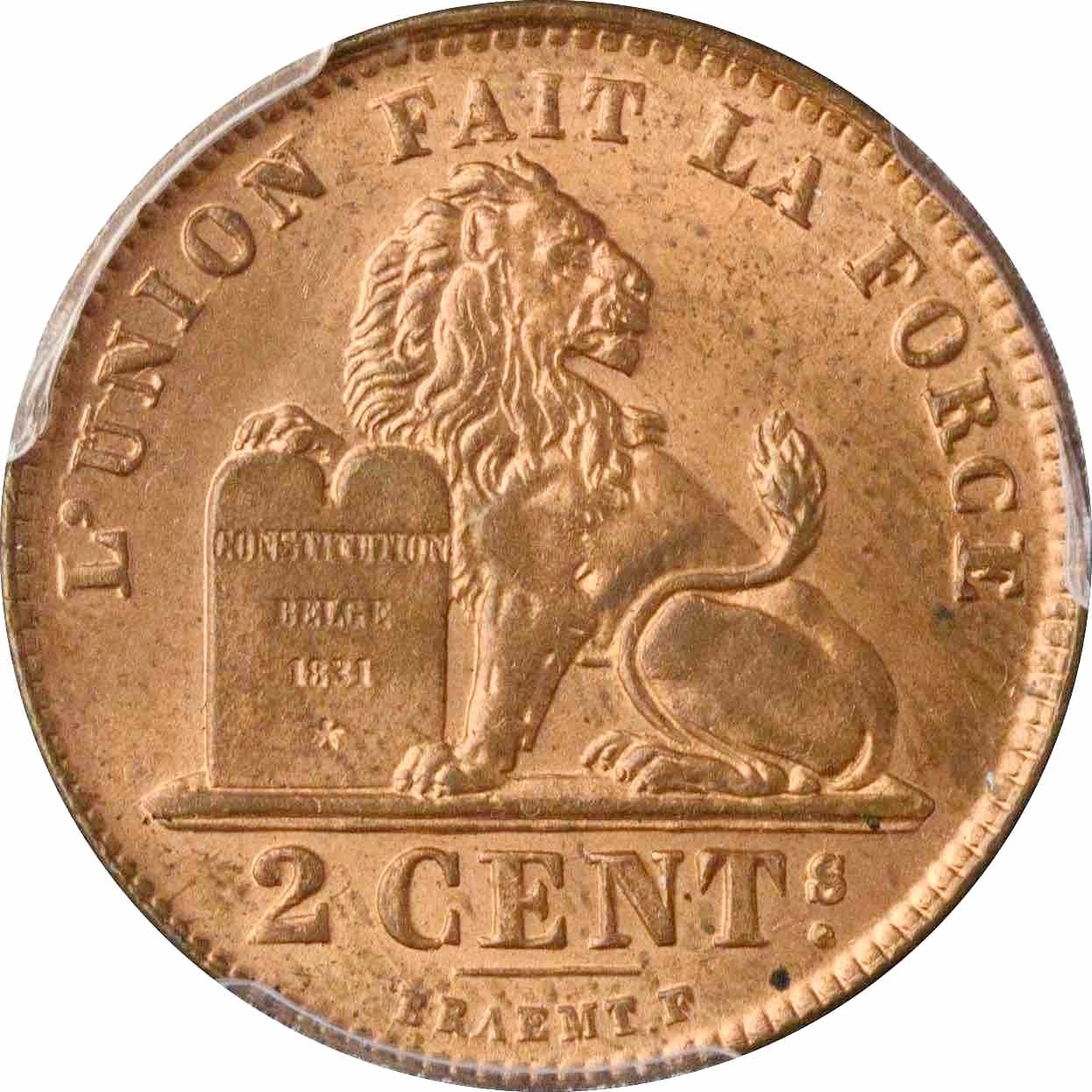 Belgium 2 centimes 1919/4 French, PCGS MS64 RD, Albert I (1910 - 1934 ...