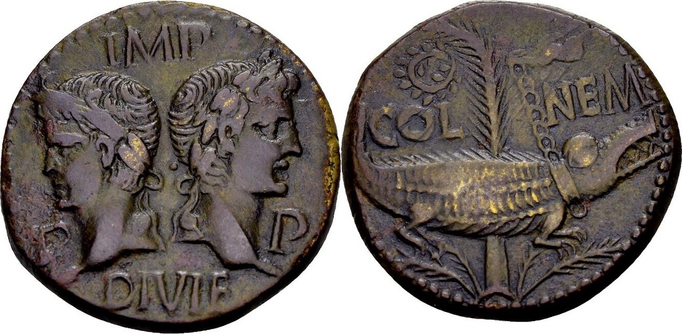 Roman Provincial dupondius 10–14 AD. Augustus, with Agrippa. Nearly ...