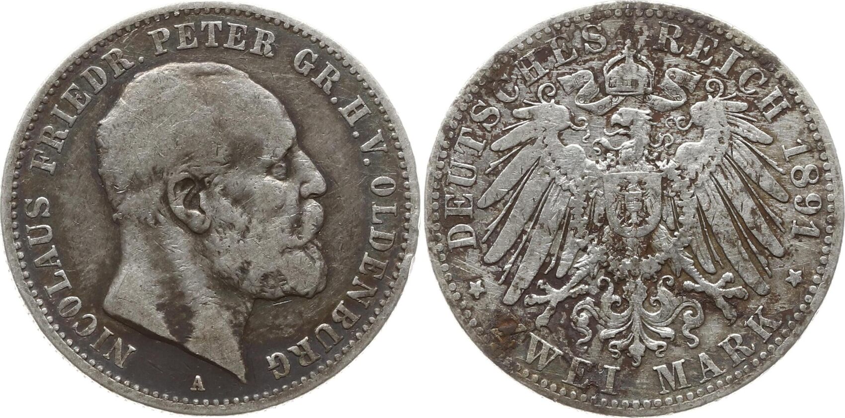 Deutsches Kaiserreich, Oldenburg 2 Mark 1891 A Nicolaus Friedrich Peter ...