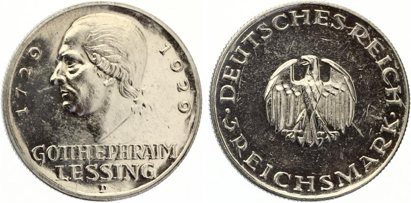 1929 D 3 Mark Lessing EF, Proof Русские монеты из драгоценных