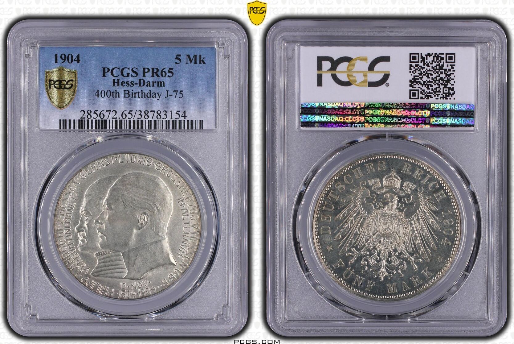 Hess-Darm 5 Mk 1904 5 Mark Hessen 400th Birthday Jaeger-75 PR65 | MA-Shops