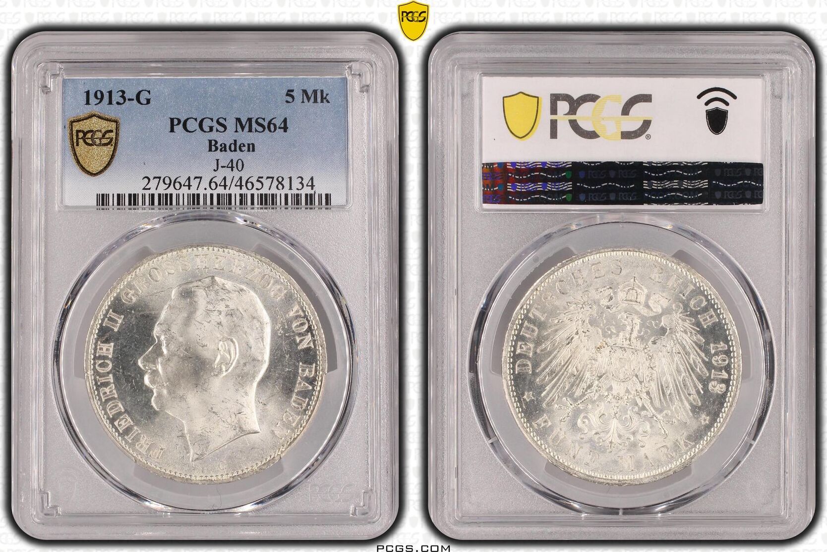 1913-G 5 Mark Baden Friedrich II Jaeger 40 PCGS MS64 | MA-Shops